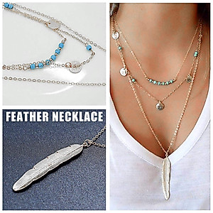 FINREZIO 12 PCS Gold Plated Layered Necklace for Women Sexy Long Choker Chain Y Necklace Bar Feather Pendent Necklace Sets Silver Tone