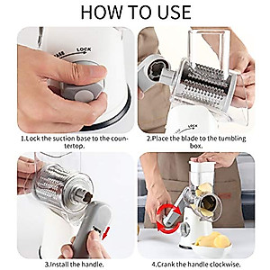 Rotary Cheese Grater Cheese Shredder - Cambom Round Mandoline Slicer Vegetable Slicer Walnuts Grinder with Strong-Hold Suction Cup Base and Cleaning Brush