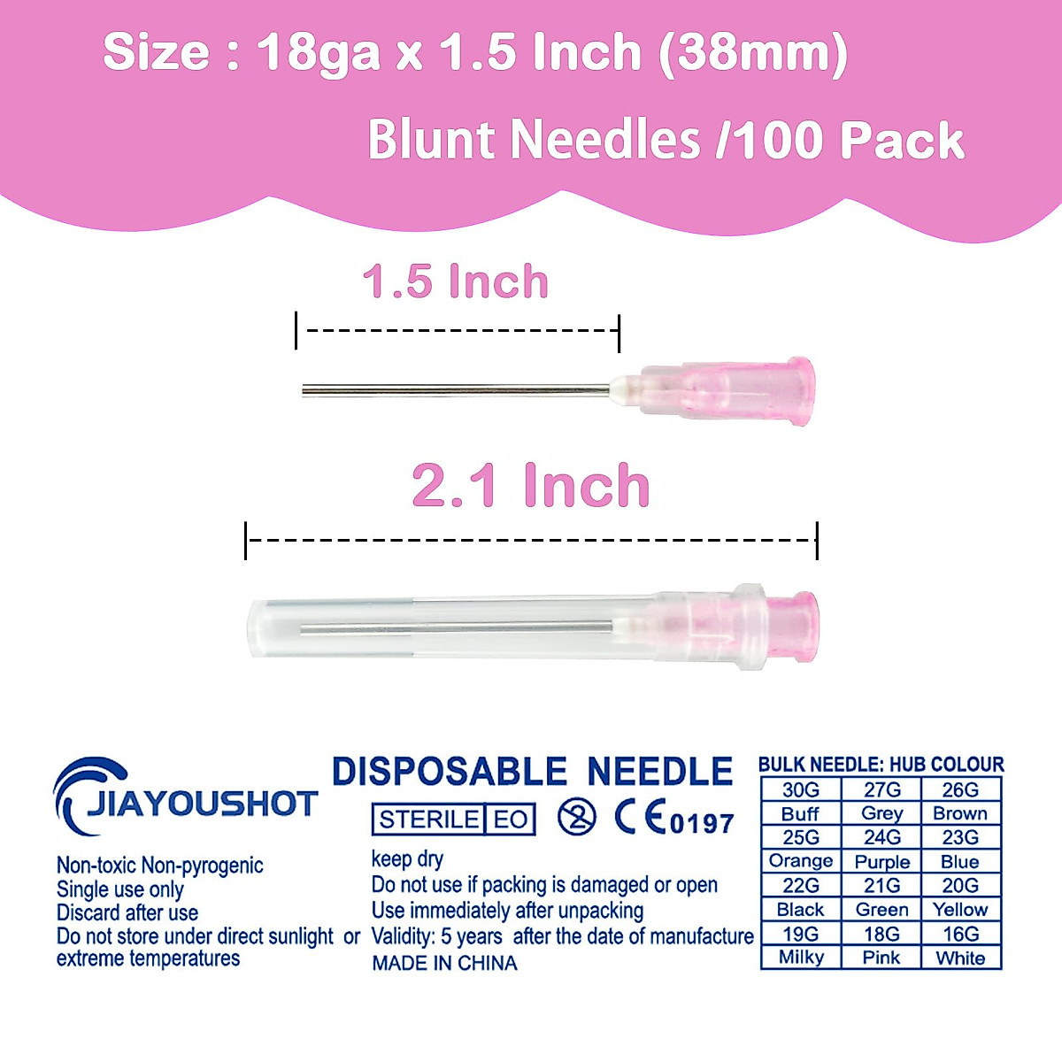 100Pack-18ga 1.5inch(38mm)Dispensing Blunt Needles,Individual Package of Injection Syringe Accessories with Luer Lock,Suitable for Refilling Liquid, Inks,Livestock and Industry