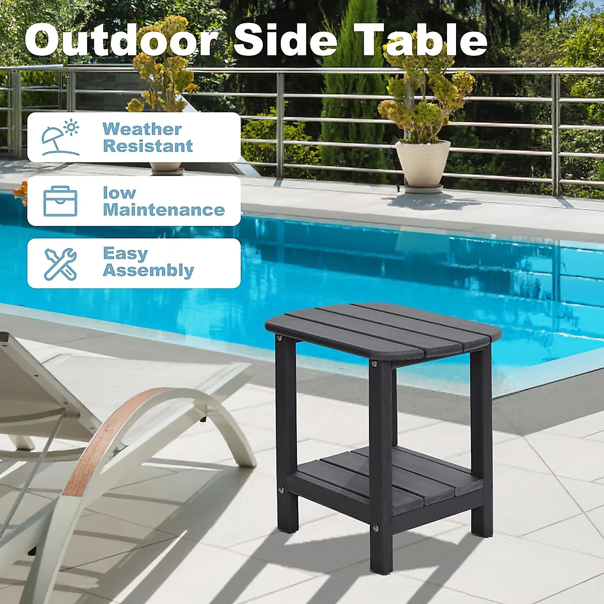 LOENIY Outdoor Side Table 2 -Tier Adirondack Table HDPE Patio Side Table Weather Resistant End Table Small Outdoor Table (Black)