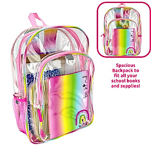 CLUB LIBBY LU Rainbow Clear Backpack for School, 16 inch Stadium Approved Transparent Bag with Matching “Be Kind” Pencil Pouch, 3 Piece Set