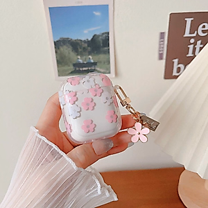 MINSCOSE Compatible with AirPods 1/2 Clear Case,Cute Cartoon Flower Pattern Design with Floral Keychain, Soft TPU Protective Shockproof Case for AirPod 1&2 for Girls Women-Pink