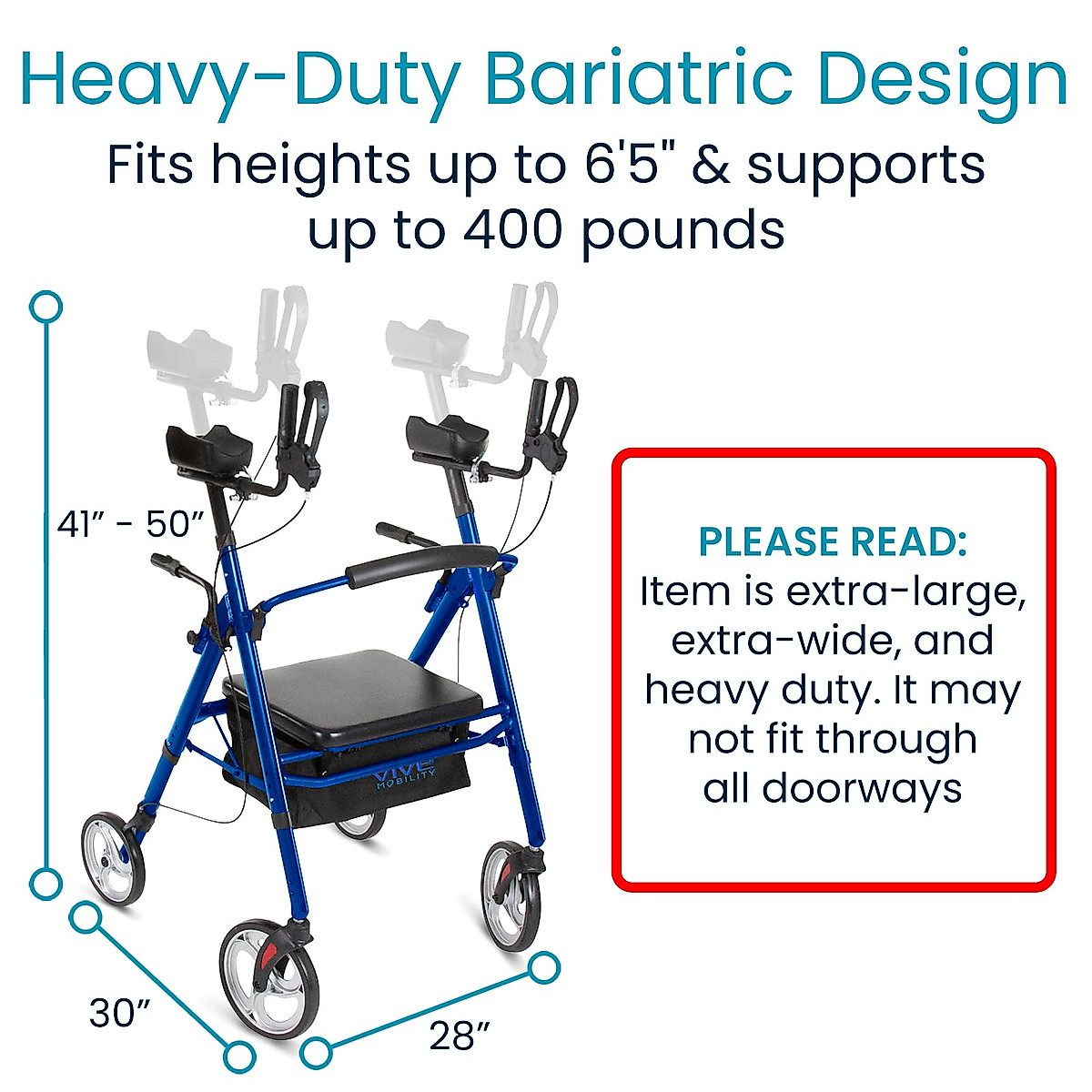 Vive Bariatric Upright Walker with Seat - Heavy Duty Senior Stand Up Rollator, Extra Wide Frame - Padded Armrest & Backrest -Mobility Aid Portable Rolling Walker with Bag - Fits Tall & Large People