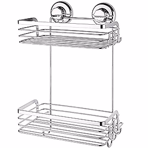 HASKO accessories Suction Cup Shower Caddy, Bath Shelf with Hooks, 2 Tier Wall Mounted Basket for Bathroom and Kitchen Storage, Adhesive 3M Stick Discs Included (Polished Stainless Steel SS304)
