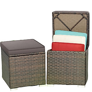 MEDIMALL Patio Wicker Ottoman Set of 2, Multipurpose Outdoor Footstool w/Removable Cushions, Rattan Side Table w/Storage, Footstool Ottoman Seat for Garden, Backyard, Poolside (Gray)