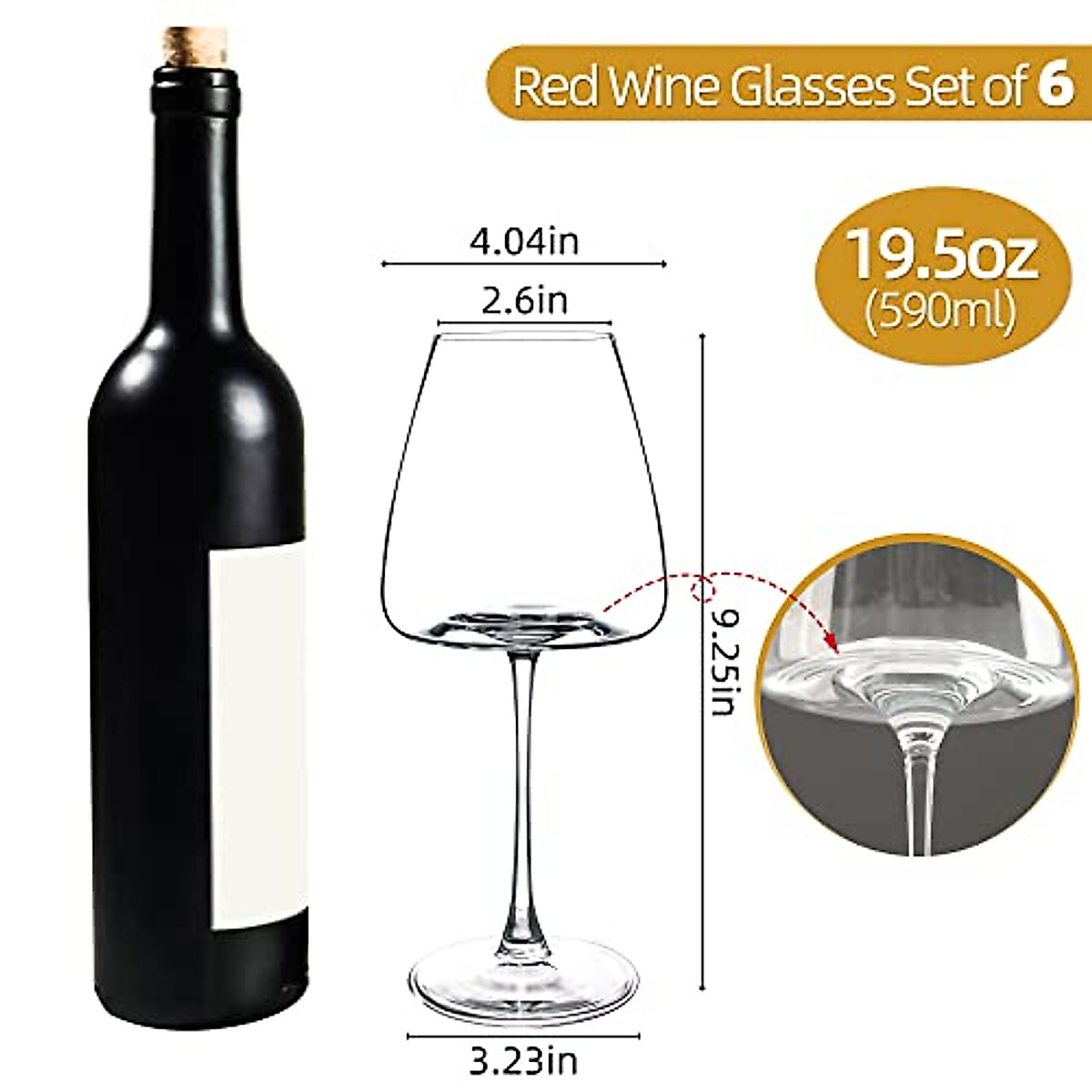 Red Wine Glasses Set of 6, 19.5 oz Durable Wine Glasses, Large Long Stem Wine Glasses with Unique Concave Bowl Base for Wine Tasting, Holiday and Home - Clear Glass