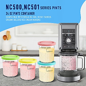 Mellonari Creami Pints for Ninja with Lids, 4 Packs, 24 oz Compatible with NC-500 & NC501, Pink-Yellow-Blue-Green, MNJ-796