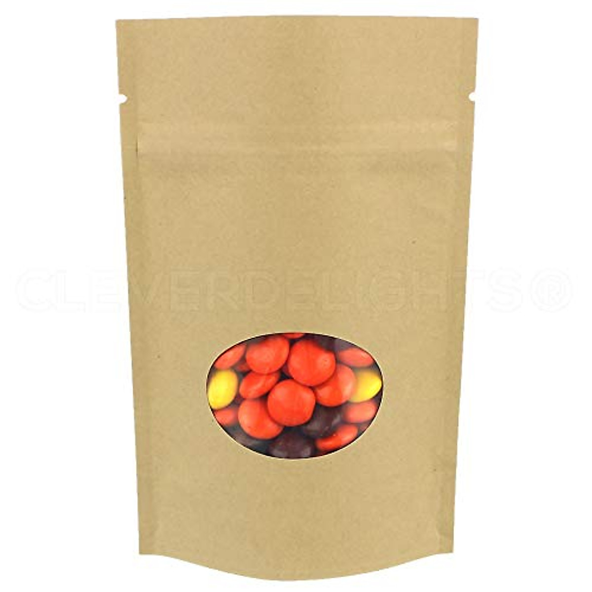 CleverDelights Kraft Window Stand Up Pouches - 2oz - 100 Pack - 4" x 6" x 2" - Resealable Bag