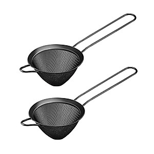 TeamFar Fine Mesh Strainer, 3.3 Inch Stainless Steel Tea Cocktail Coffee Flour Strainer with Long Handle for Kitchen Bar, Small Conical Cone Mesh Strainer, Non-Toxic & Easy Clean, (Set of 2, Black)