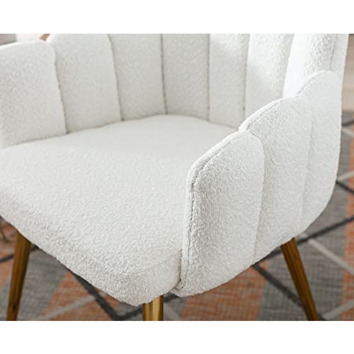VESCASA Sherpa Accent Chairs with Petal Back, Mid-Century Modern Upholstered Dining Chairs with Arms, Makeup Vanity Chairs with Gold Metal Legs for Living Room/Bedroom, Set of 2, White