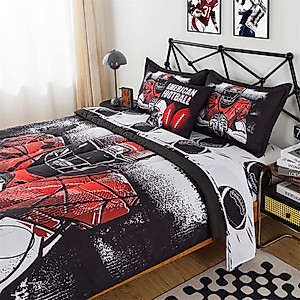 qjmiaofang Football Comforter Set 6Pieces Boys American Football Bedding Set Twin Size for Kids Teens Sports Themed Bed in A Bag American Football Player Bedding Set with Black Football Sheet for Home