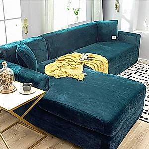 IMYOGI High Stretch Sofa Covers Velvet Sofa Cover Corner Sofa Cover Stylish Soft Durable Furniture Protector Couch Cover for 4 Cushion-4 Seater+4 Seater-Lake Blue