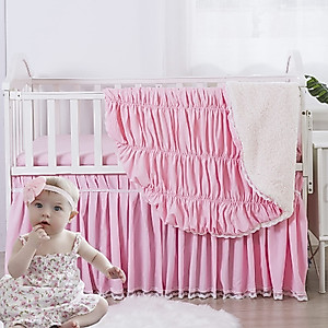 Brandream Baby Nursery Bedding Girls Pink Crib Bedding Set Luxury Ruffled Ruched Round Blanket, Fitted Sheet, Lace Skirt, 3 Piece