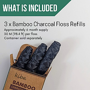 Kiba Bamboo Charcoal Floss 3 Piece Refill Set (3 x 30M Dental Floss Refills) - Eco Friendly Floss w/Candelilla Wax - Mint - Vegan