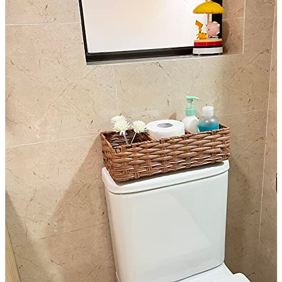 3 Section Toilet Paper Tray Basket, Toilet Tank Waterproof Storage Baskets, Rustic Farmhouse Bathroom Decor, Organizer for Bathroom, Wicker Organizer for Bathroom Home Washroom (Light Brown)