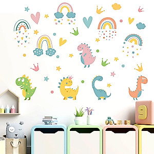 Colorful Rainbow Wall Decals, Watercolor Dinosaur Wall Stickers, Attractive Rainbow Heart Crown Cloud Star Wall Stickers, Removable DIY Art Wall Decors for Girls Bedroom, Nursery, Home Decoration
