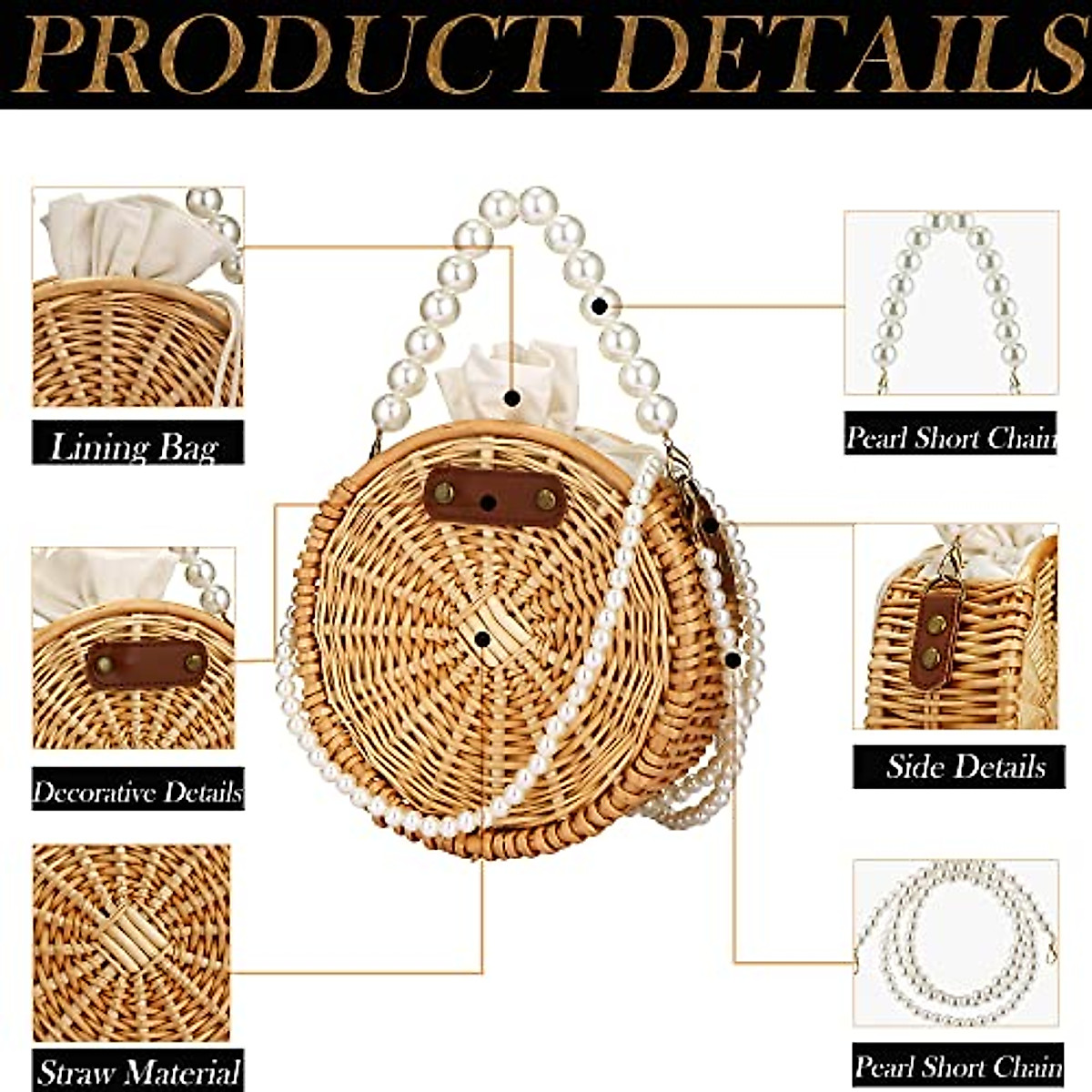 Buric Crossbody Bags for Women Beach Straw Purse Lightweight Women's Crossbody Handbags Fashion Pearl Shoulder Bag Retro Straw Handmade Bag Summer Basket Purse (Round)