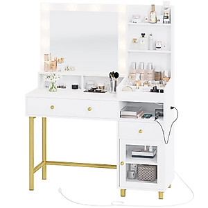 VIAGDO White Vanity Desk with Mirror and Lights, Makeup Vanity with Charging Station & 3 Storage Compartments, Makeup Desk with Drawers and Open Storage Shelves, Bedroom Dressing Table