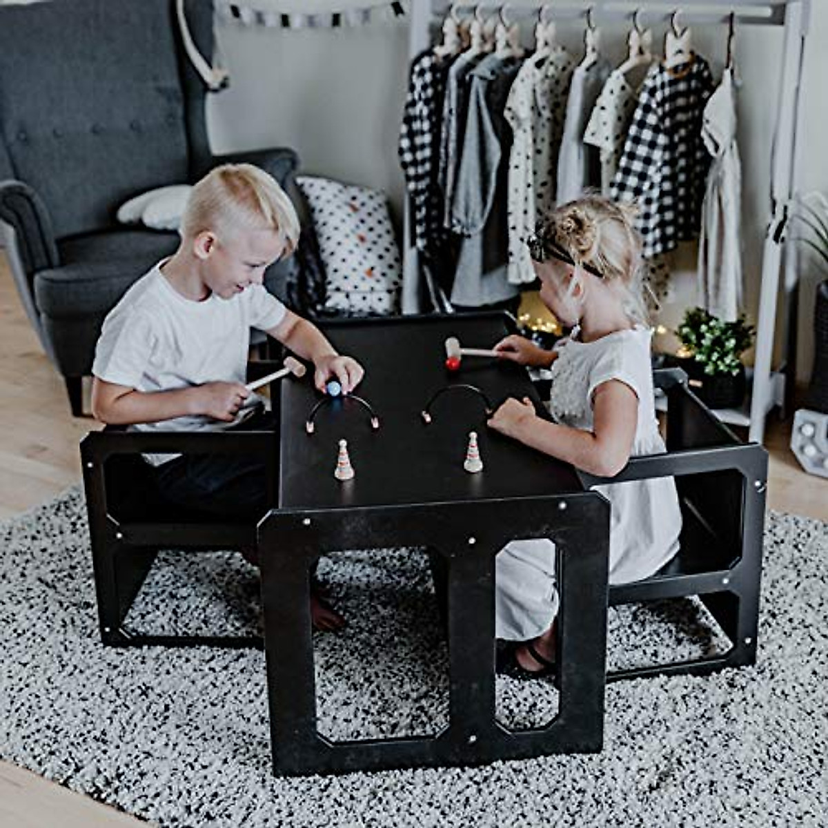 Sweet Home from wood Montessori Wooden Kids Play Table Set, Toddler Table Set or Preschool Learning Table or Chair, Weaning Table, Kids Play Table (Black Color Set 1 Table and 2 Chair)