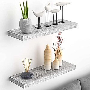 Under.Stated Floating Wall Shelves, 24” Hanging Shelf Set for Living Room, Office, Kitchen, Bathroom &, Perfect Home Room Wall Decor, Rustic Pattern Designed – (Rustic Whitewash Grey 24")