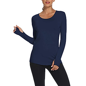 Mippo Womens Workout Athletic Yoga Long Sleeve Shirts Cute Work Out Gym Pilates Clothes Soft Lightweight Long Tunic Tops with Thumb Holes Navy Blue XL