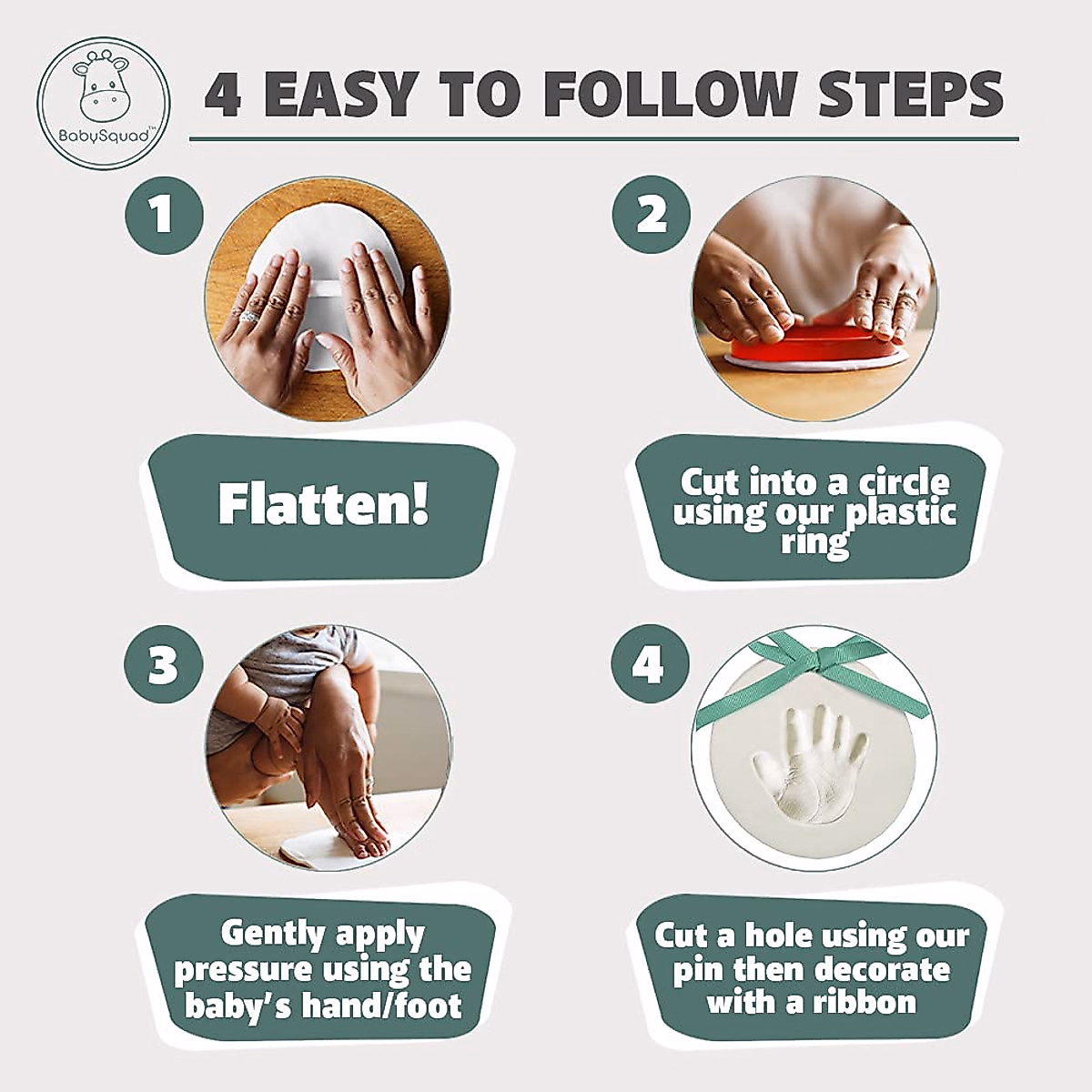 BabySquad Baby Handprint Footprint Clay Keepsake Ornament Kit (2 Pack) Non Toxic - Shatter Proof - Air Dries - Ultra Light. Includes Stencil, 2 Easels, 8 Ribbons, 2 Claypacks, Rolling Pin and More!