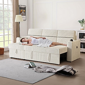 CAPCAEK 85" Corduroy Sofa Bed with Storage Chaise, L Shaped 3 Seat Sectional Couch, Pull Out Sleeper Sofabed with Cup Holders & USB Charge Port for Living Room, Office, Apartment (Beige)