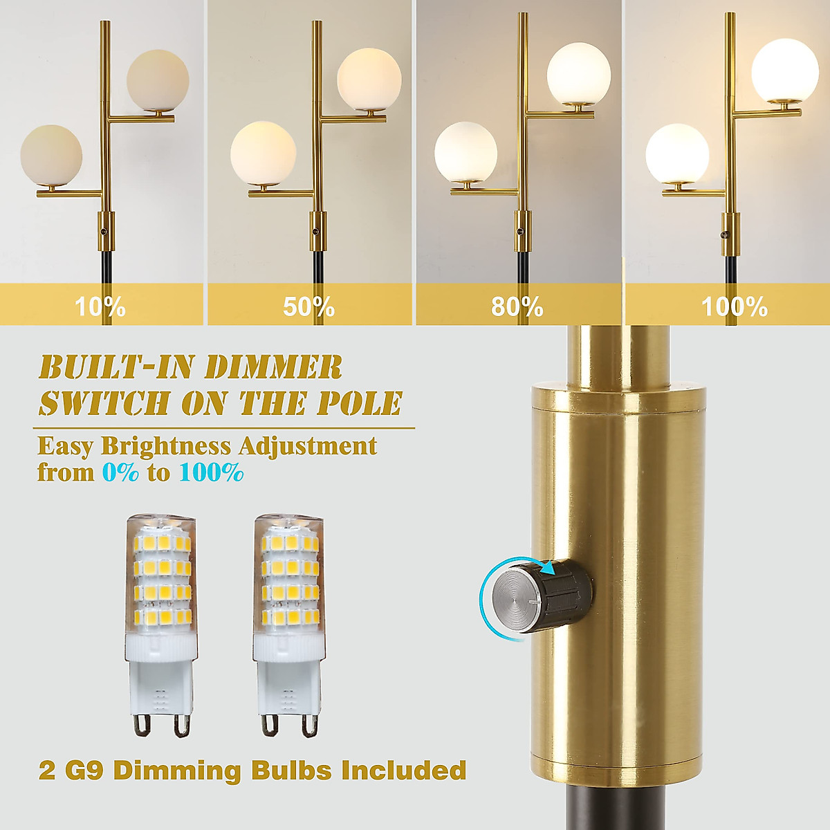 Asmymhd Dimming Floor Lamp with 2 Sphere Frosted Glass Globes,Mid Century Gold and Black Standing Lamp for Living Room, Bedroom, Office. (Black+Gold)