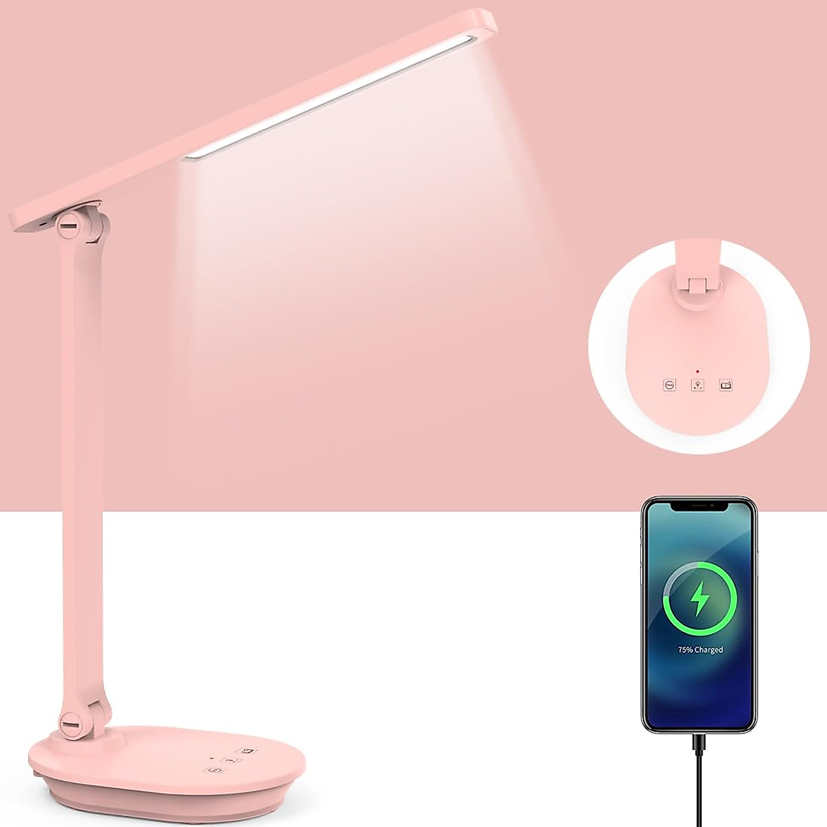 AQINGLING LED Desk Lamp with ​USB Charging Port Nightlight, Eye-Caring Desk Lights for Home Office, 5 Modes Dimmable, Auto Timer, Black