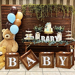 Wood Grain Printing Baby Shower Display Boxes Party Decorations, Neutral Gender Reveal Party Backdrop, Brown Teddy Bear Baby Stacking Blocks Backdrop with Letters for Boy Girl Birthday Party