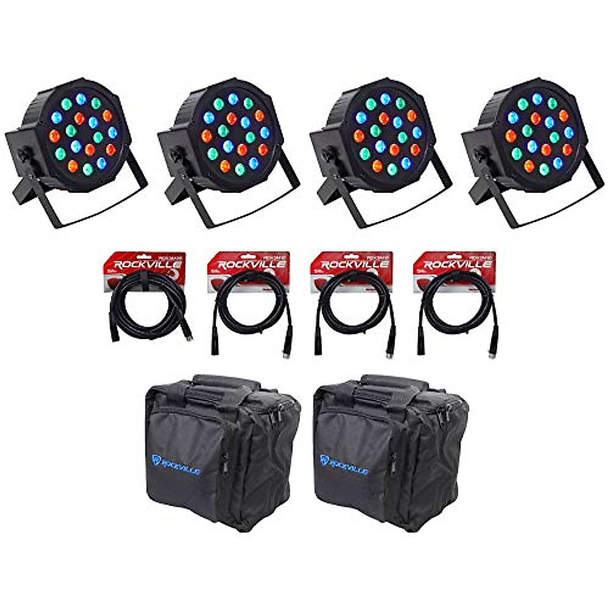 (4) Rockville LED RGB Par Can Wash Light + Dual Bracket Bundle: (2) Wash Lights, (1) Universal Travel Bag, (1) 25ft 3 Pin DMX Lighting Cable, (3) 10ft 3 Pin DMX Lighting Cables (10 Items)
