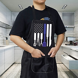 WZMPA USA Flag Thin Blue Line Adjustable Kitchen Apron With Pockets Police Officer Gifts Honor Respect Police Apron (Blue Line apron)