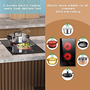 2 Burner Electric Cooktop, 110v Electric Stove with Plug, 12 Inch Countertop & Built-In Portable Electric Stove, 9 Levels of Power, 2000W, Touch Control, Safety Lock, Timer, Pause Function, Karienvir