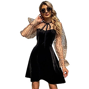 WDIRARA Women's Heart Print Tie Neck Mesh Flounce Long Sleeve A Line Dress Black M