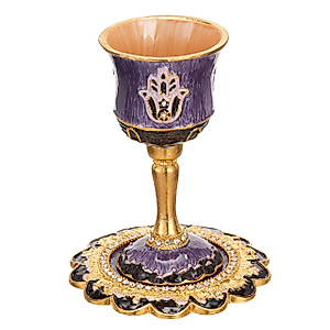 Matashi Hand-Painted Enamel Tall 5" Kiddush Cup Set with Stem and Tray Embellished with Crystals and Hamsa Design for Weddings Shabbat Havdalah Passover Goblet Judaica Gift Home Decor Blessings Cup