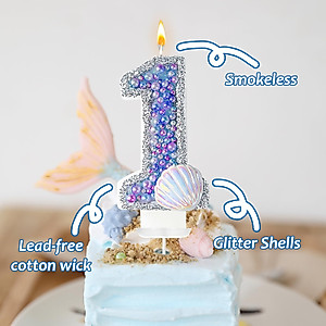 laackys Birthday Candles, Pink Shell Sequins Blue Purple Pearl Boy Girl Birthday Cake for Mermaid Birthday Theme Birthday Decorations Candle Party Supplies Number 4 Candle (1)