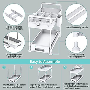 2 Pack Under Sink Organizer- Stackable 2 Tier Bathroom Storage Organizers and Storage with Hanging Cup and Hooks, White Under Sink Shelf Rack for Bathroom Kitchen Countertop Office Cabinets,White