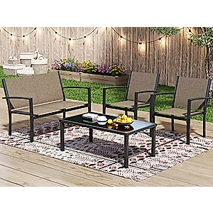 Greesum GS-LCT4PCSBN 4 Pieces Patio Furniture Set Outdoor Conversation Textilene Fabric Chairs for Lawn, Garden, Balcony, Poolside with A Glass Coffee Table, Brown