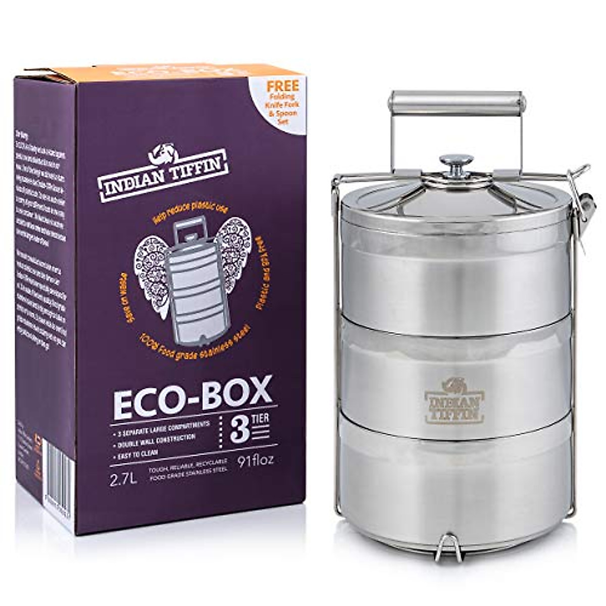 Indian-Tiffin 3 Tier Stainless Steel Eco-Box with 3 Piece Cutlery Set