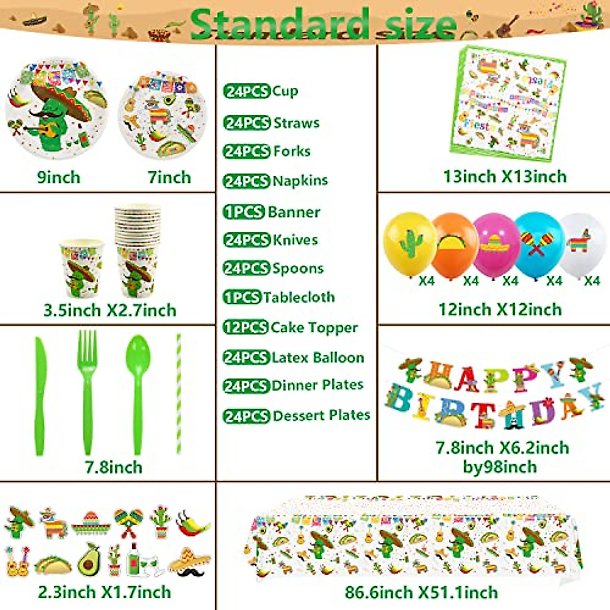 226 PCS Mexican Themed Fiesta Party Supplies - Paper Plates, Cups, Napkins, Straws Forks Knives Spoons, Balloon, Tablecloth, HAPPY BIRTHDAY Banner for Cinco de Mayo Disposable Tableware Set, Serves 24