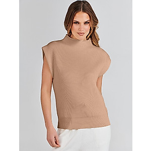 LOGENE Women's Sweater Vest Sleeveless Mock Neck Tank Top Ribbed Knit Cap Sleeve Pullover Sweaters 2023 Fall Trendy Clothes apricot Medium