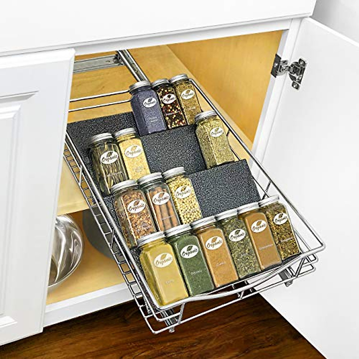 Lynk Professional® Spice Drawer Organizer - Heavy Gauge Steel 4 Tier Spice Rack - Drawer Insert Tray for Spice Jars, Herbs and Seasoning - Kitchen Cabinet Drawer Storage - Silver Metallic, Medium