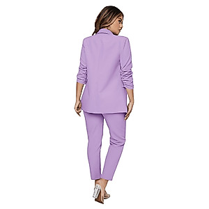 SweatyRocks Women's 2 Piece Solid Ruched Sleeve Blazer and Pants Business Office Suit Set Lilac Purple XL