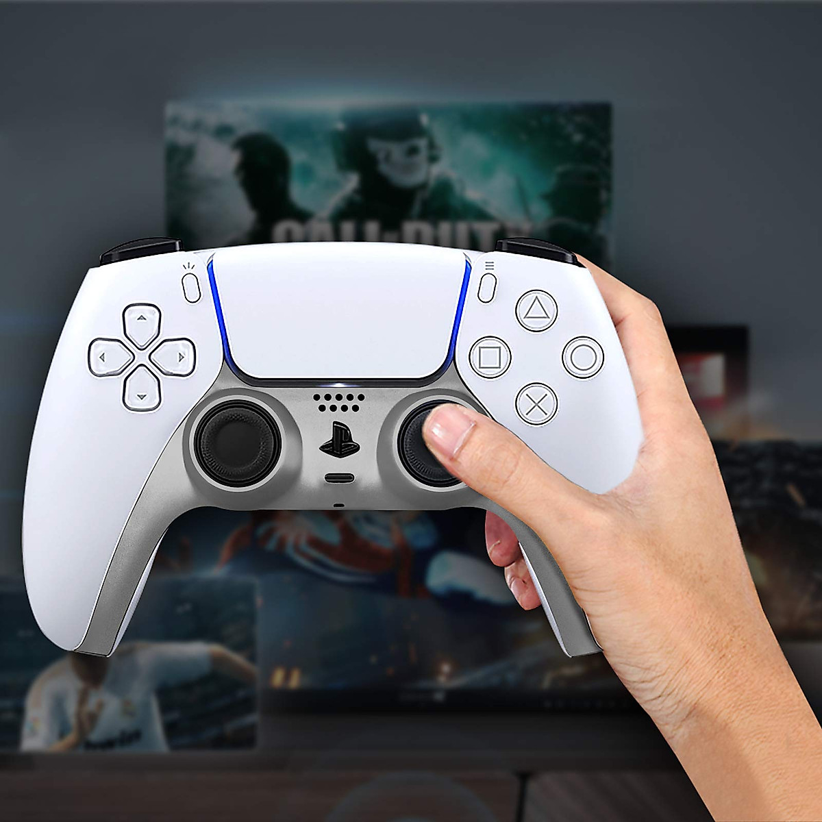 PS Five Controller Accessories, AKNES Customized Face Plates Replacement for PS Five Wireless Controller Accessories Decoration Shells Clip Cover DIY with 8PCS Thumb Stick Grips (Charcoal)'