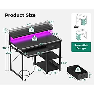 AODK Gaming Desk with LED Lights & Power Outlet, 40 Inch Small Computer Desk with Keyboard Tray, Office Desk with Drawer, Reversible Desk with Adjustable Monitor Shelf and Storage Shelf, Black