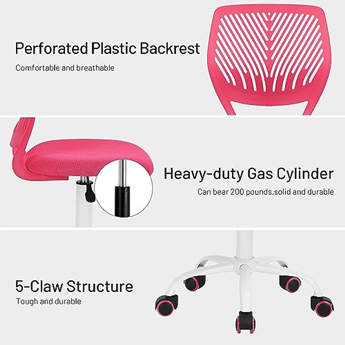 Desk Chair Armless Small Study Chairs Armless for Child Kids Teens, Ergonomic Swivel Rolling Lightweight Task Chair with Wheels and Mesh Padded Cushion, Pink