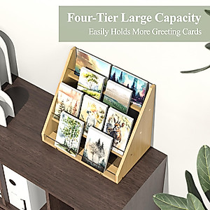 NiHome 4-Tier Bamboo & Acrylic Greeting Card Display Stand for Cards, Photos, Postcards - Durable Stylish Showcase Organizer with High-Transparency Panels for Home, Wedding, Birthday Decor & Keepsakes