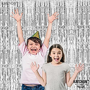 KatchOn, XtraLarge, 6.4x8 Feet Silver Fringe Backdrop - Pack of 2 | Silver Streamers Backdrops for Photoshoot | Silver Graduation Party Decorations 2023 | Silver Backdrop for Disco Party Decorations