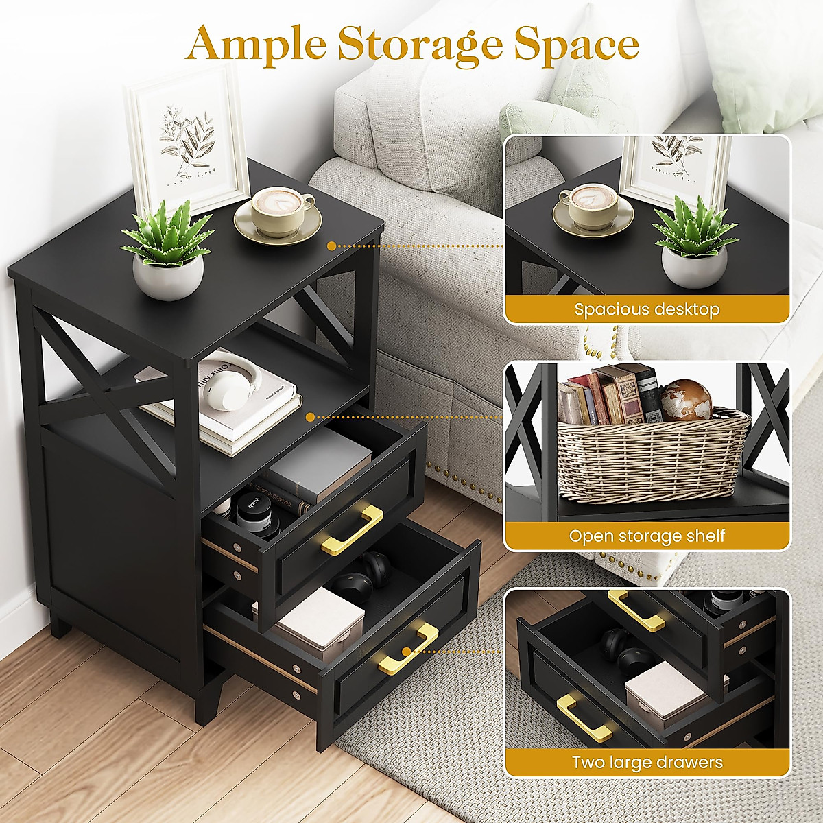 May in Color Nightstand Set of 2, Side Table with 2 Drawers and Open Shelf, Bedside Table with Solid Feet, Modern Night Stand End Table for Bedroom, Living Room, Home Office, Black