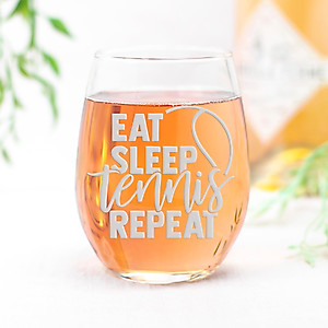 Eat Sleep Tennis Repeat Stemless Wine Glass - Tennis Gift, Love Tennis Gift, Tennis Player Gift, Tennis Wine Glass, Love Tennis Wine Glass